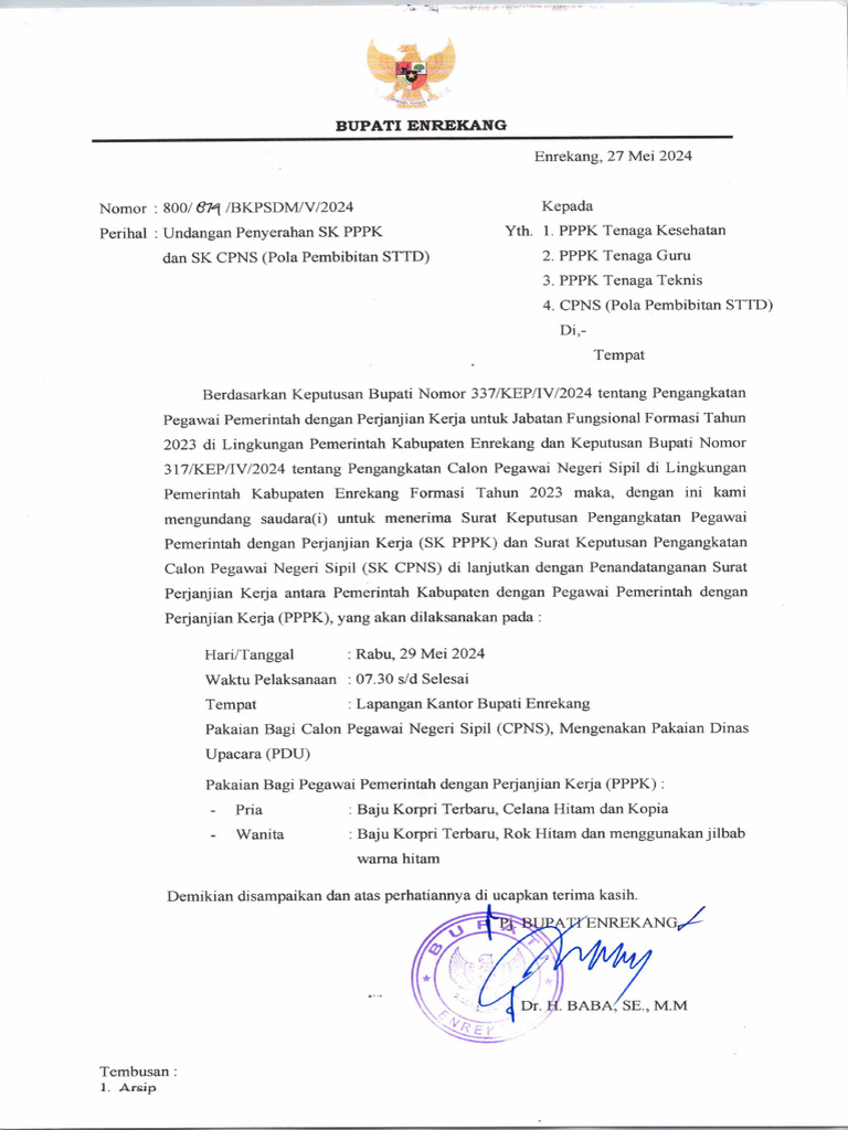 Undangan Penerimaan SK PPPK Dan CPNS | PDF