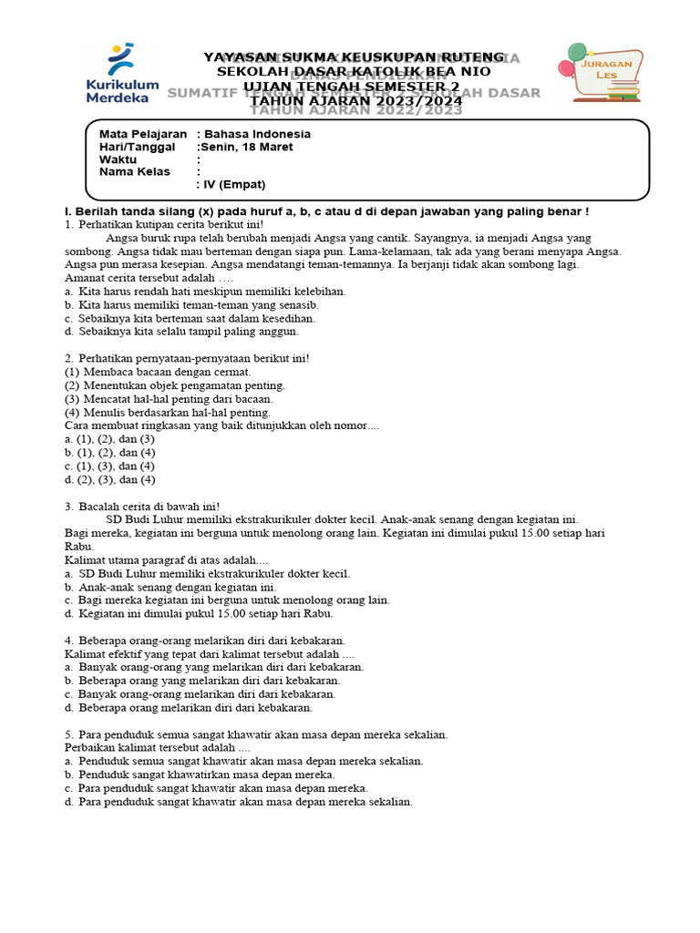 Soal Uts Bindo KLS 4 Ikm Semester 2 | PDF | Seni & Disiplin Bahasa | Kajian Bahasa Asing