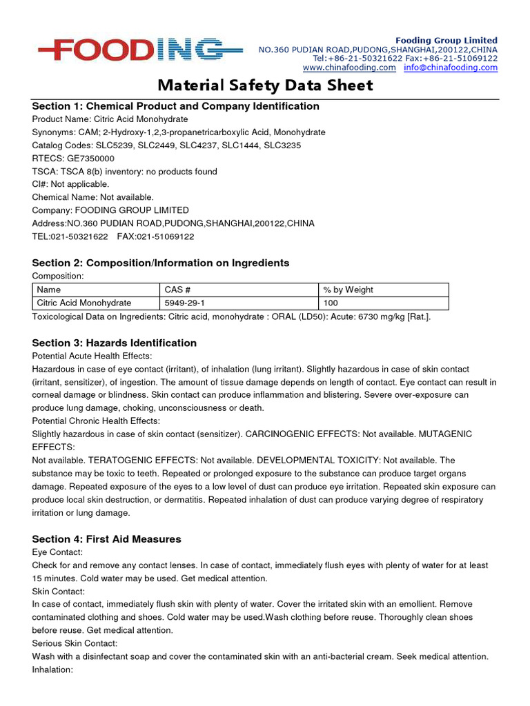 MSDS Citric Acid Monohydrate | PDF | Water | Toxicity