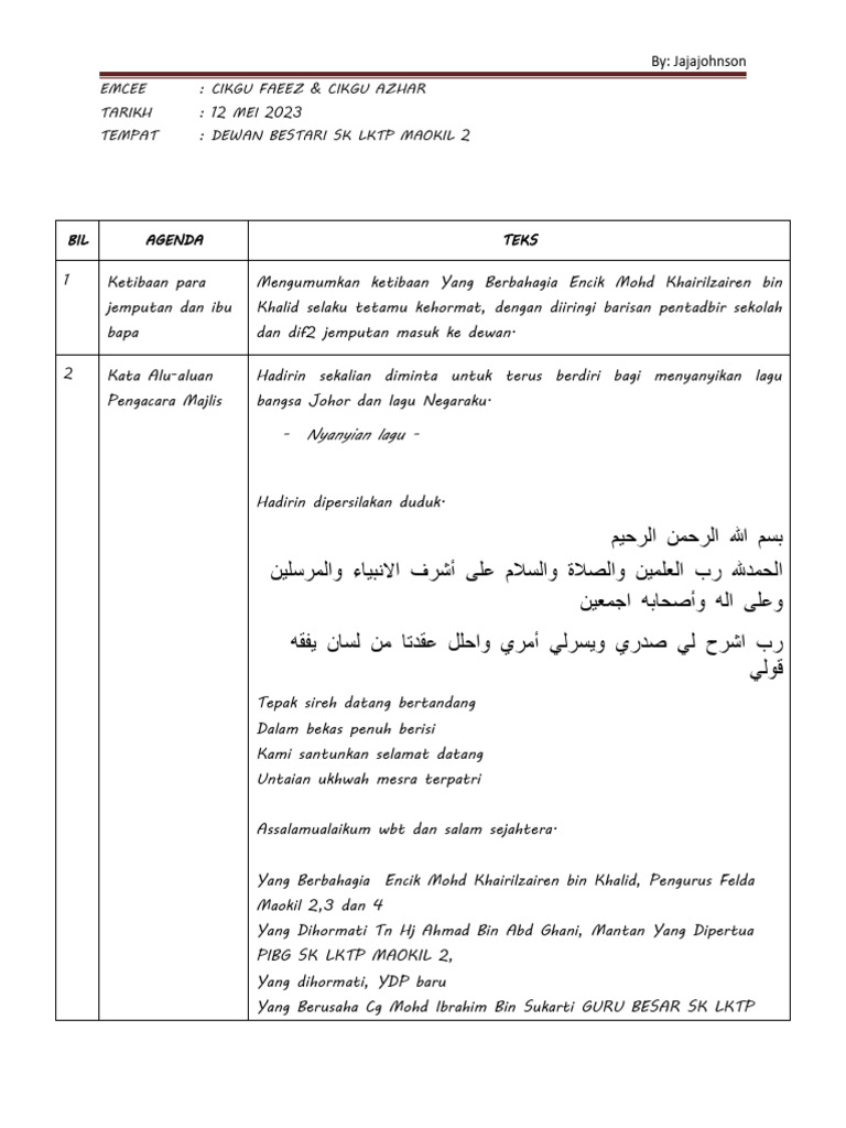 Teks MC Mesyuarat Agung PIBG 2024 | PDF