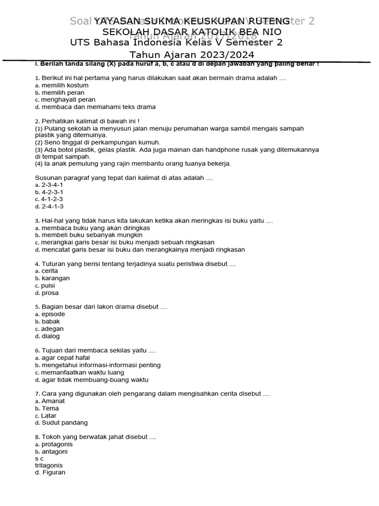 Soal Uts Bindo KLS 5 Semester 2 | PDF