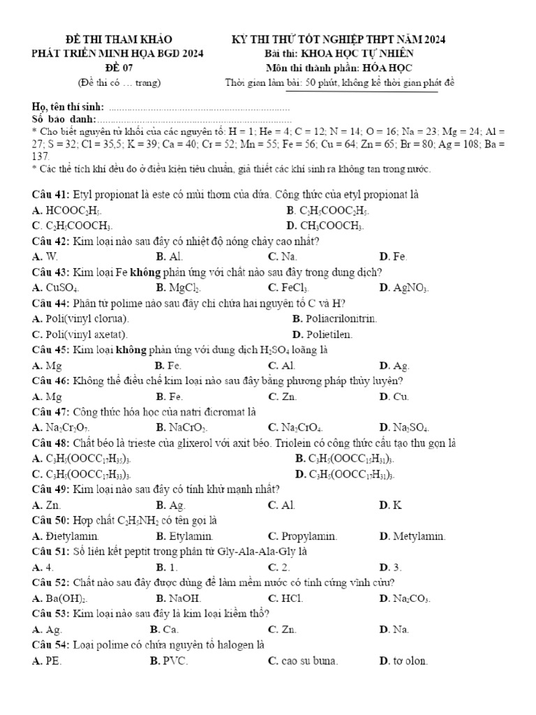 7 de Thi Thu Bam Sat Cau Truc de Minh Hoa Tn Thpt 2024 Mon Hoa Hoc de 7 File Word Co Loi ...