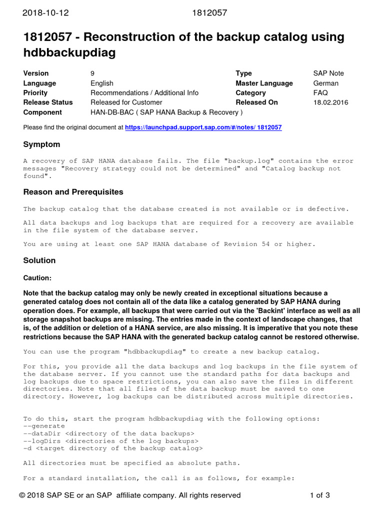 E - 20181012 - Reconstruction of The Backup Catalog Using Hdbbackupdiag | PDF | Backup ...