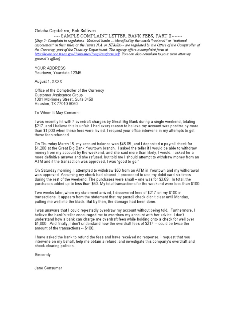 Sample Complaint Letter Bank Fees II | PDF | Overdraft | Cheque