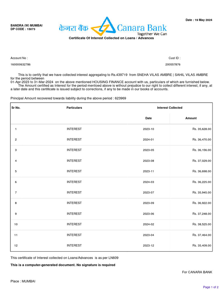 UCO Bank Loan Interest Certificate 2024 | PDF | Interest | Personal Finance