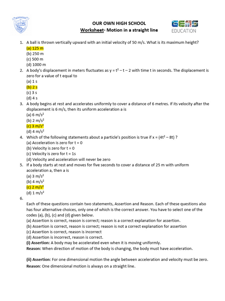 Motion in a straight line- worksheet | Download Free PDF | Acceleration ...