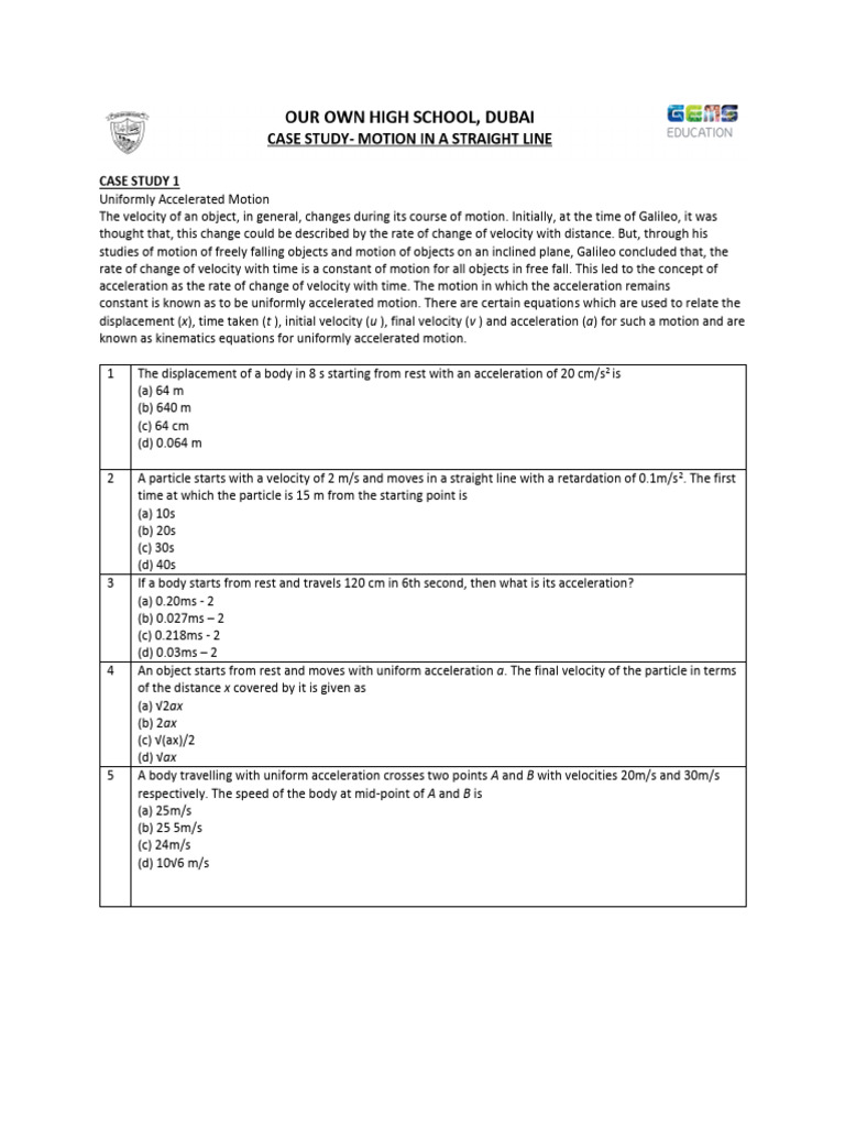 Chapter 3 - Motion in A Straight Line - Case Study | PDF