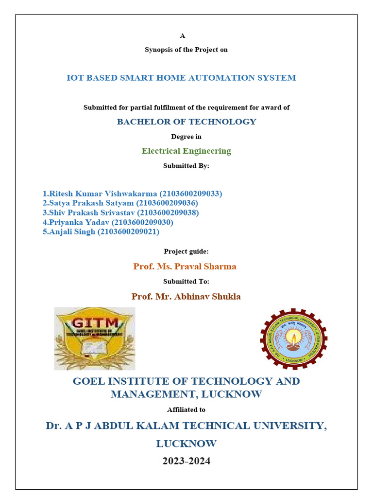 Synopsis Front Page Shiv | PDF | Home Automation | Internet Of Things