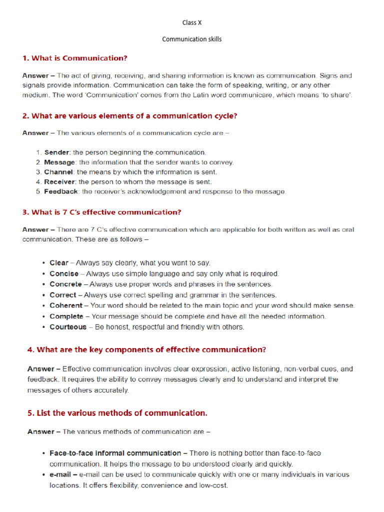 Class X Communication Skills Question Answer | PDF