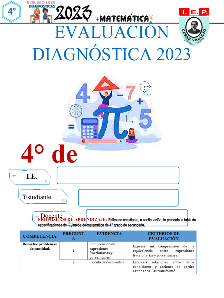 Evaluación Diagnóstica Matemática 4° Grado | PDF | Ecuaciones | Evaluación