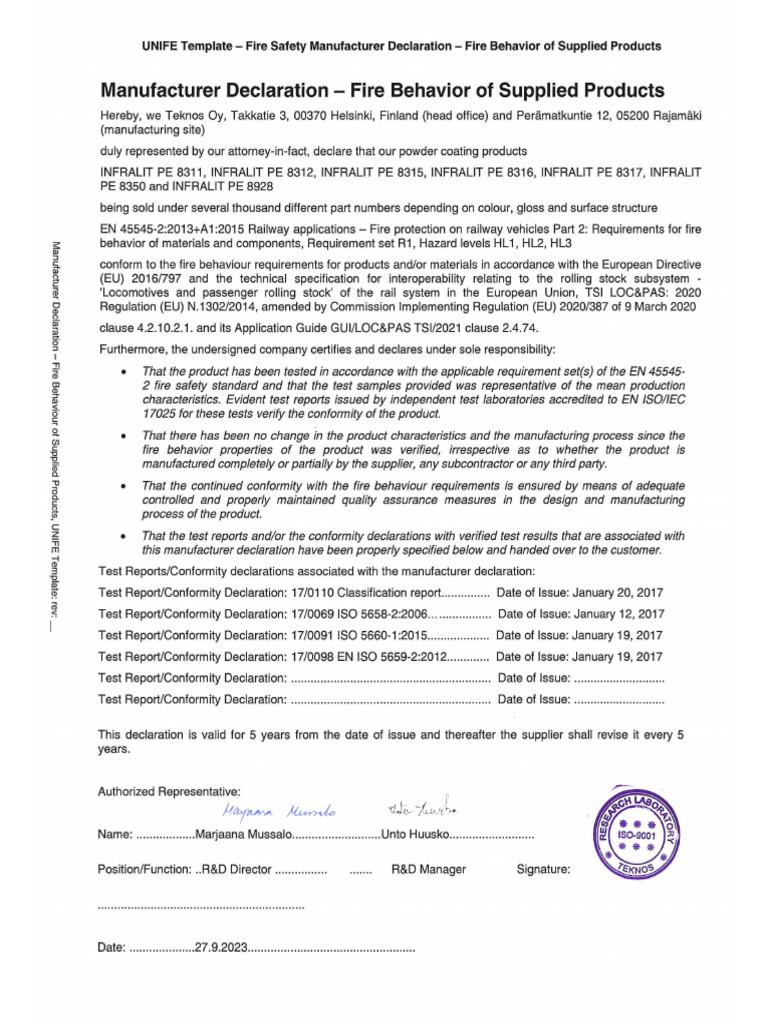 en Manufacturer Declaration en 45545 2 Sep 2023 | PDF