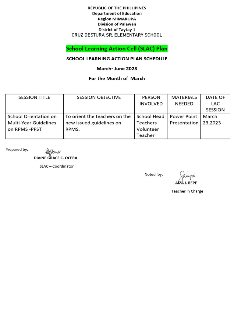 Slac Plan 2023 | PDF | Learning Methods | Pedagogy