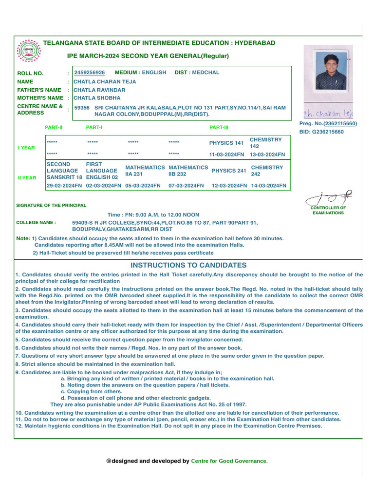 Sri Chaitanya Hall Ticket Instructions | PDF