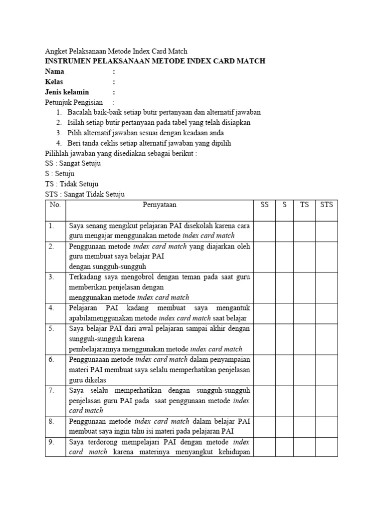 Angket Pelaksanaan Metode Index Card Match | PDF