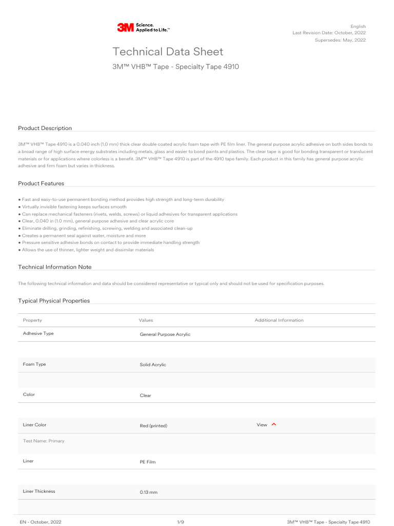 3MTM VHBTM Tape - Specialty Tape 4910 - 20230923 | PDF | Adhesive | Safety