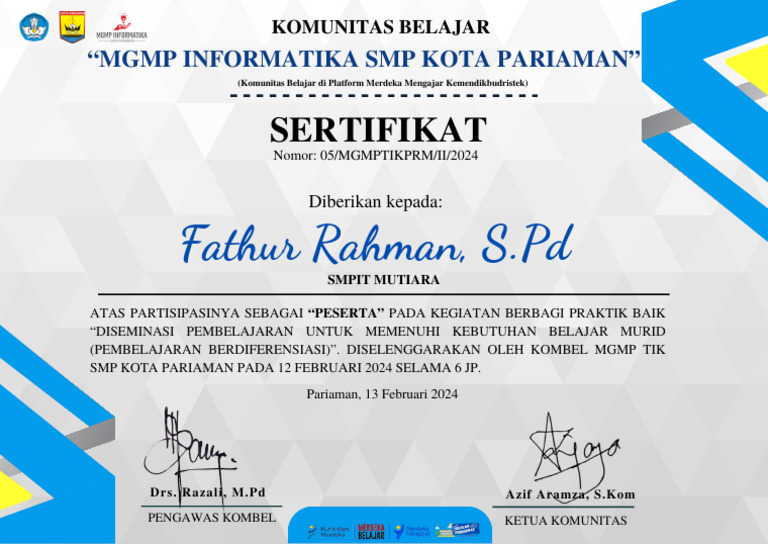 Sertifikat Kombel MGMP Informatika PRM - -62 | PDF