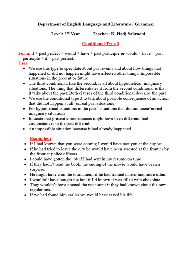 Type 3 Conditional Exercises PDF | PDF | Grammar | Linguistics
