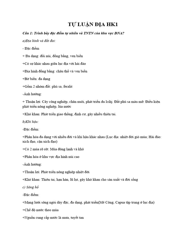 Tự Luận Địa HK1 | PDF