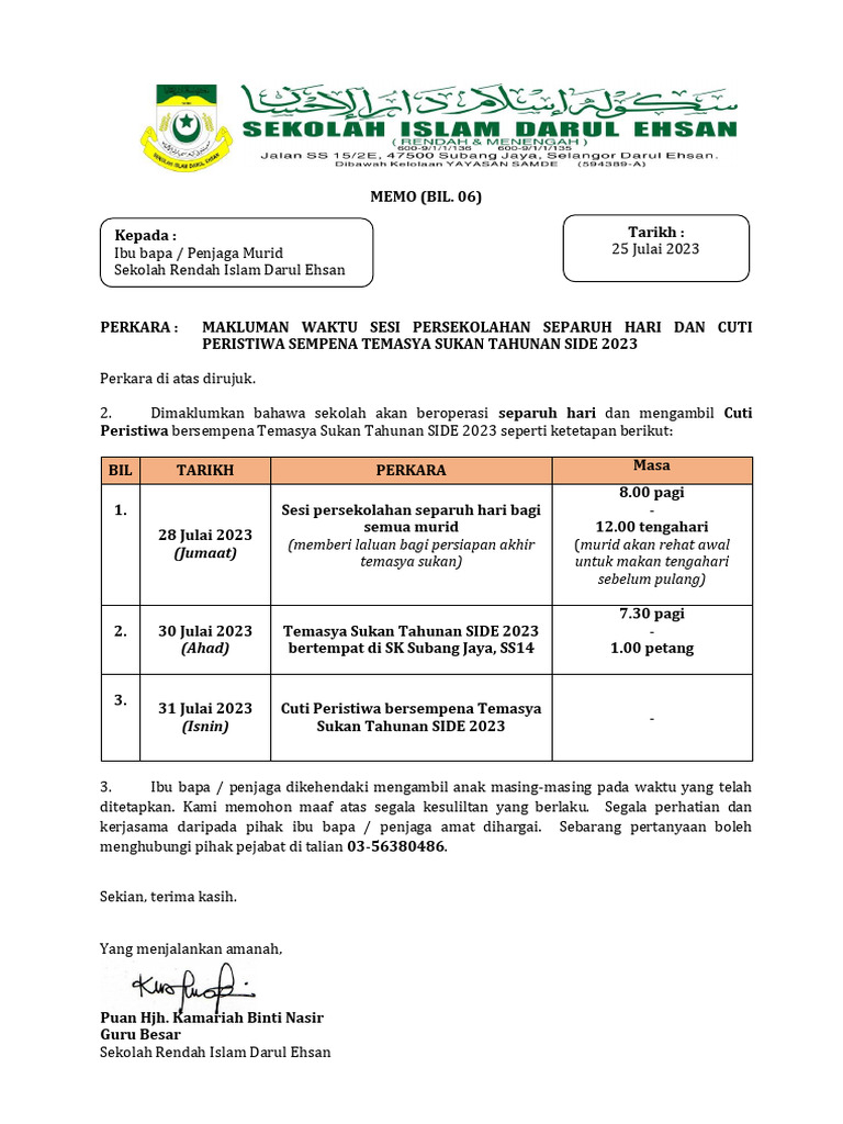 Memo 06 Makluman Sesi Persekolahan Separuh Hari | PDF