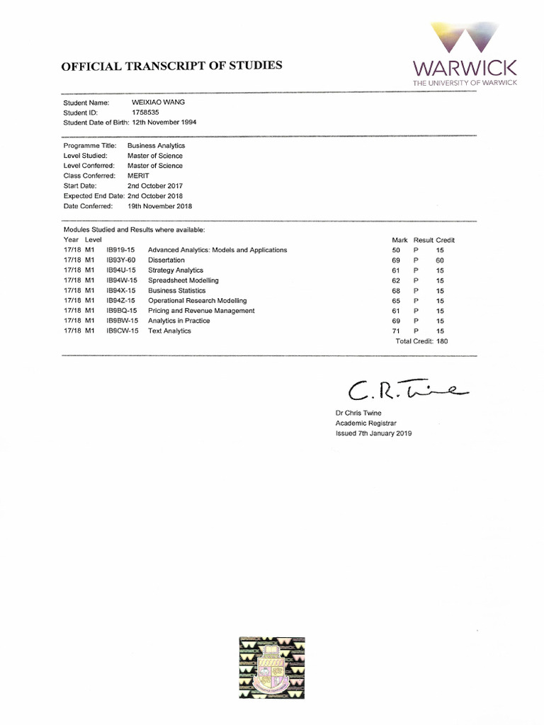 Wang Weixiao's Master Transcript | PDF