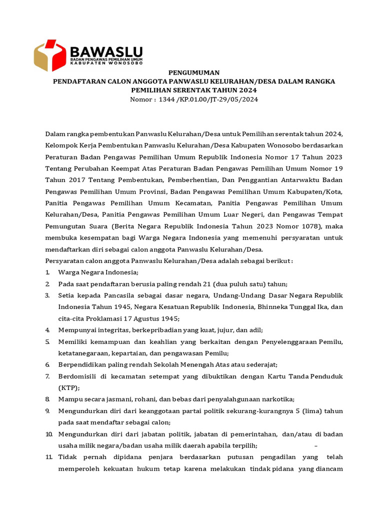 Pengumuman Dan Lampiran Persyaratan Berkas Pendaftaran Calon PKD | PDF