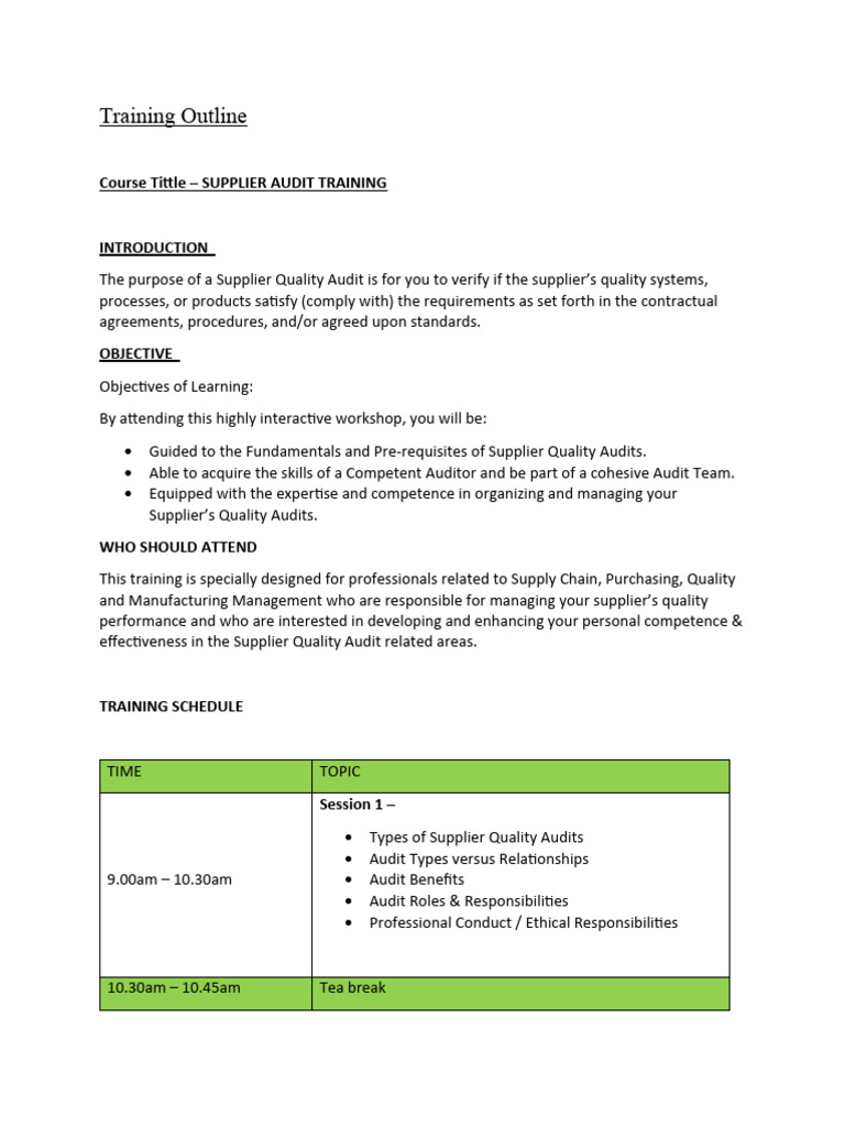 Training Outline For SUPPLIER AUDIT | PDF | Audit | Financial Audit