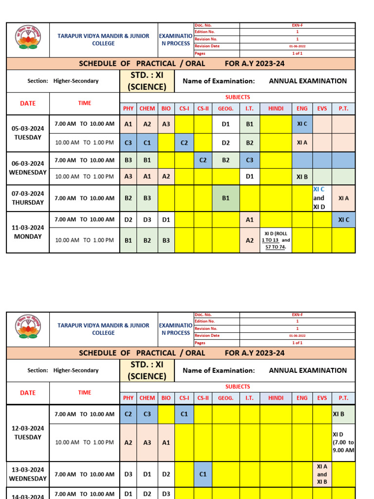 XI Sci PRACTICAL ORAL SCHEDULE 23-24 | PDF