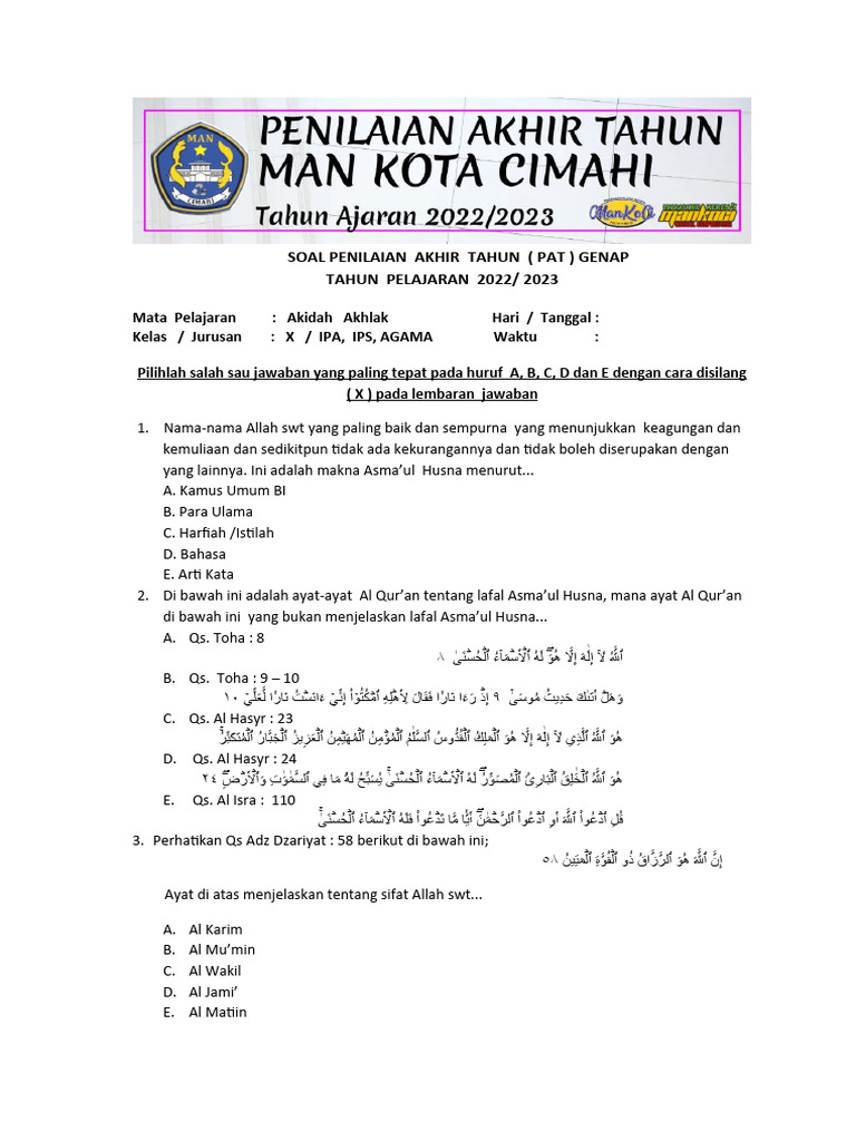 Soal PAT Akidh SMTR 2 KLS X Th. 2023 - 2024 | PDF | Filsafat | Kajian Bahasa Asing