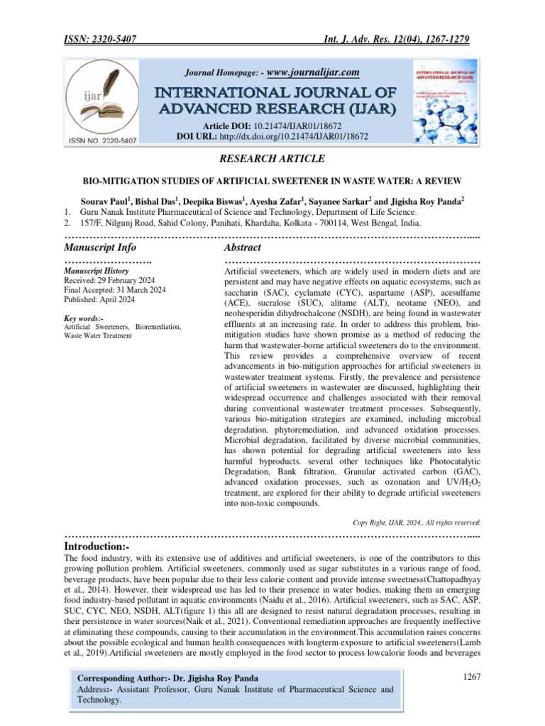 Bio-Mitigation Studies of Artificial Sweetener in Waste Water: A Review ...