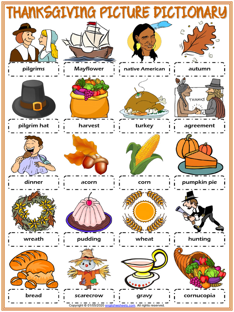 thanksgiving vocabulary esl picture dictionary worksheet for kids | PDF