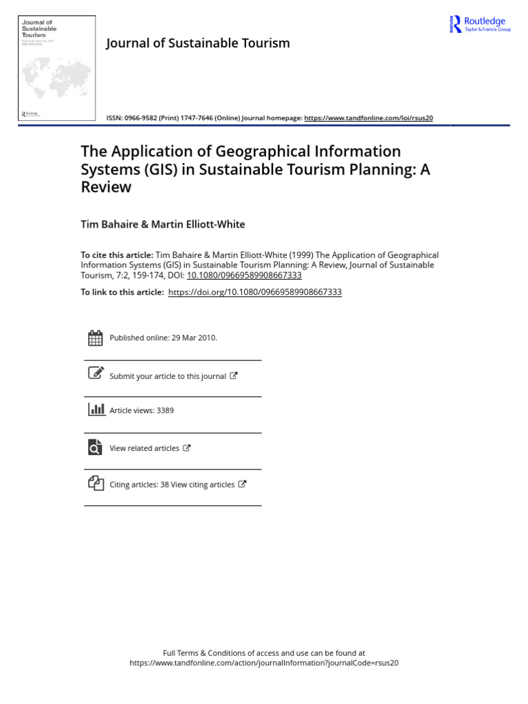 1999 The Application Of Geographical Information Systems Gis In Sustainable Tourism Planning A