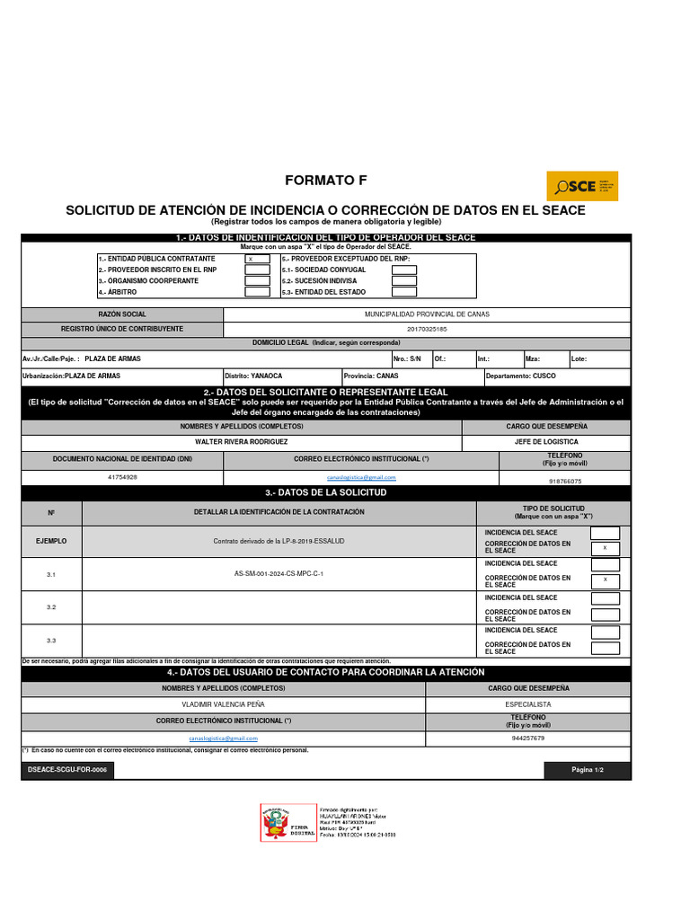 Formato F - Solicitud de Atención de Incidencia o Corrección de Datos ...