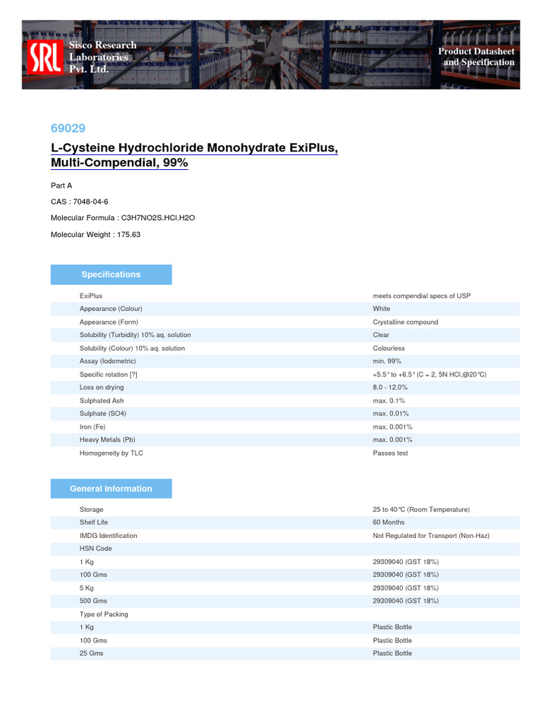 Multi-Compendial L-Cysteine HCl 99% | PDF | Physical Sciences ...
