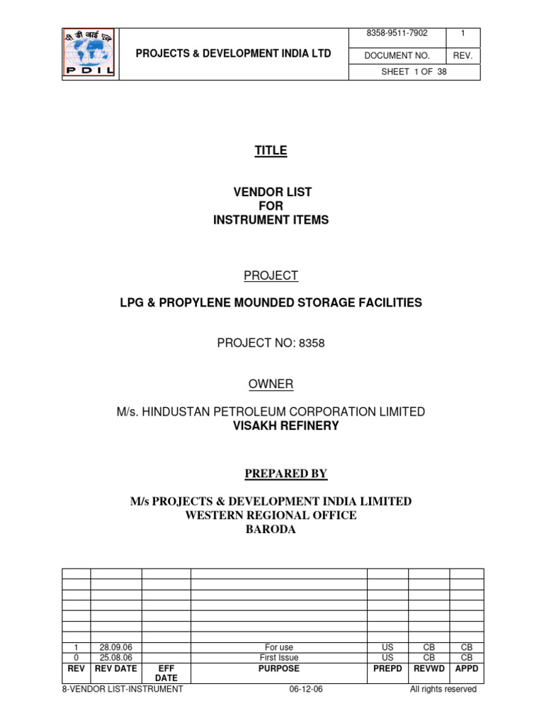 Vendor List Instrument LPG & Propylene Project | PDF | Pipe (Fluid ...