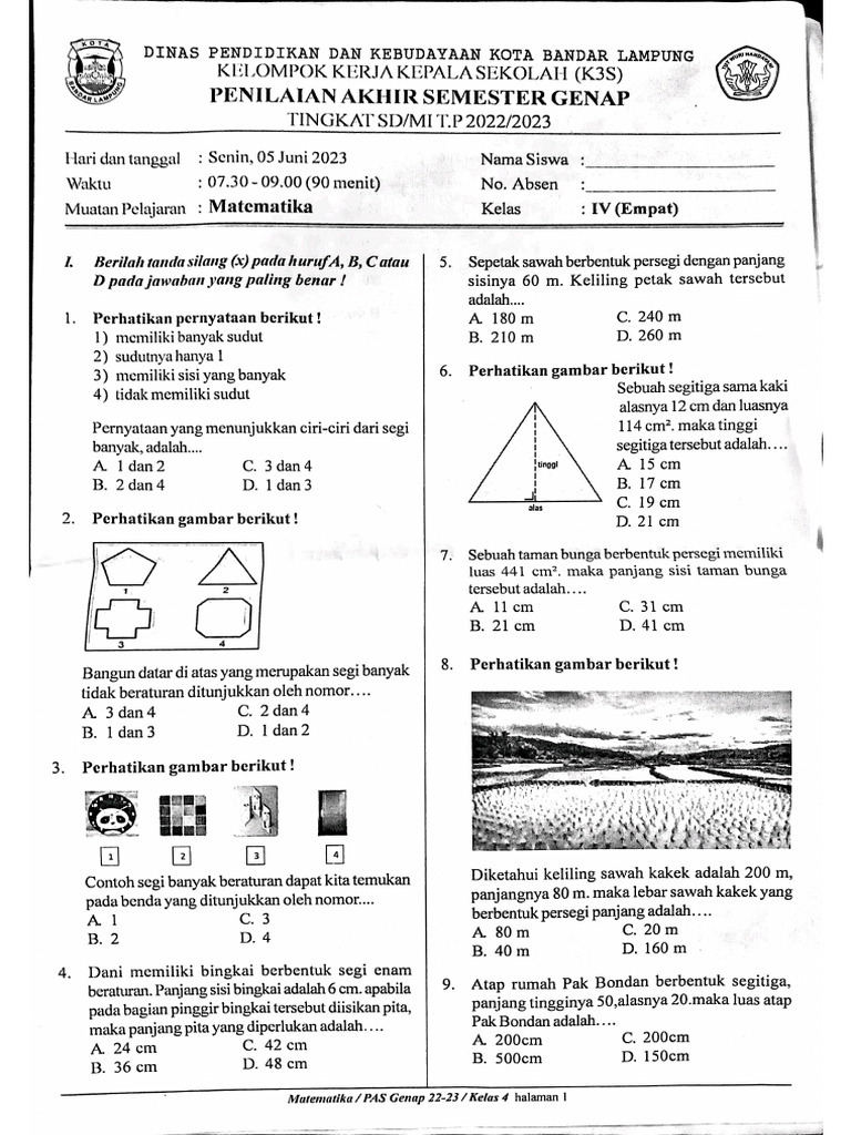 Soal Matematika Pas Kelas 4 Tahun 2022-2023 | PDF