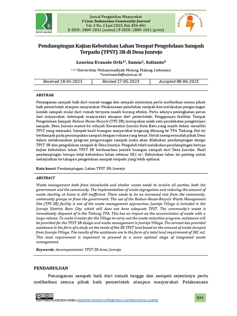 Pendampingan Kajian Kebutuhan Lahan Tempat Pengelolaan Sampah Terpadu (TPST) 3R Di Desa Junrejo ...