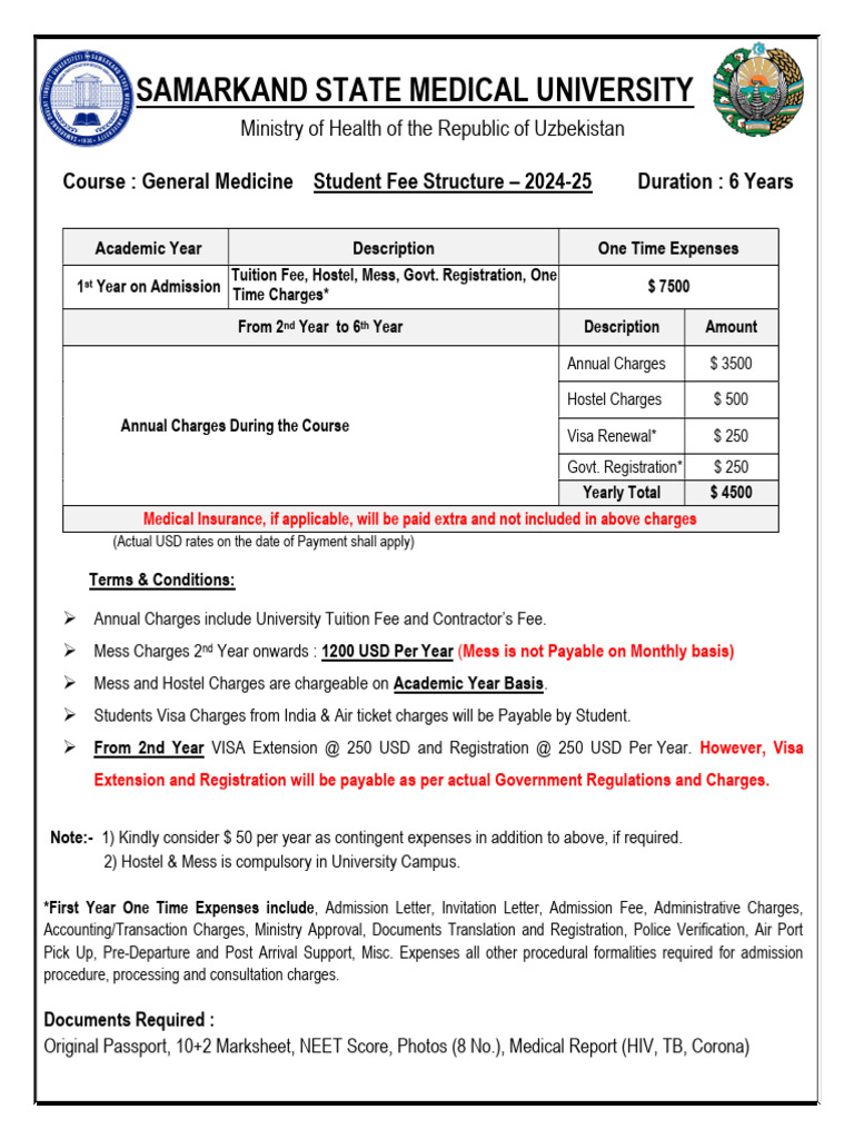Samarkand Fee Structure-2024-25 (Student Package) | PDF | Travel Visa | Fee