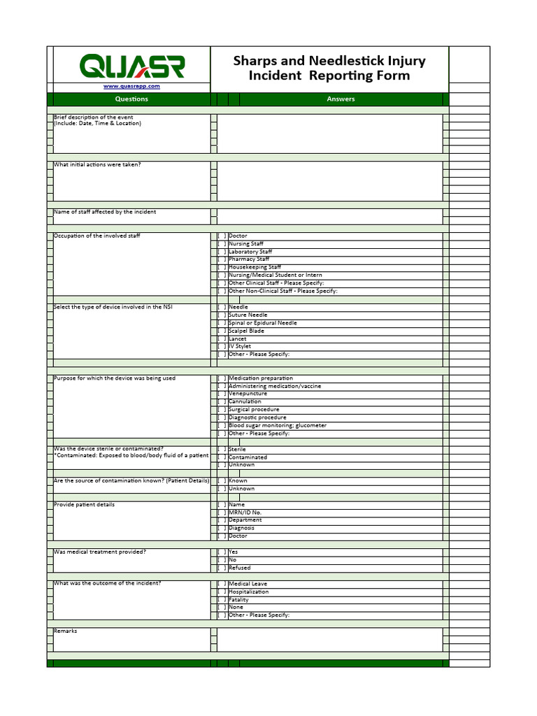 QUASR Needlestick Injury Incident Form | Download Free PDF | Health ...