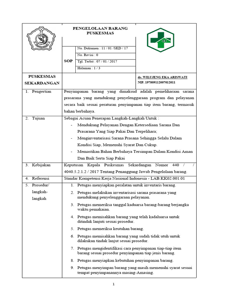 01 Sop Pengelolaan Barang Puskesmas | PDF