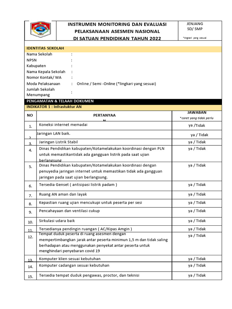 Instrumen Monitoring Dan Evaluasi Pelaksanaan Asesmen Nasional-1 | PDF