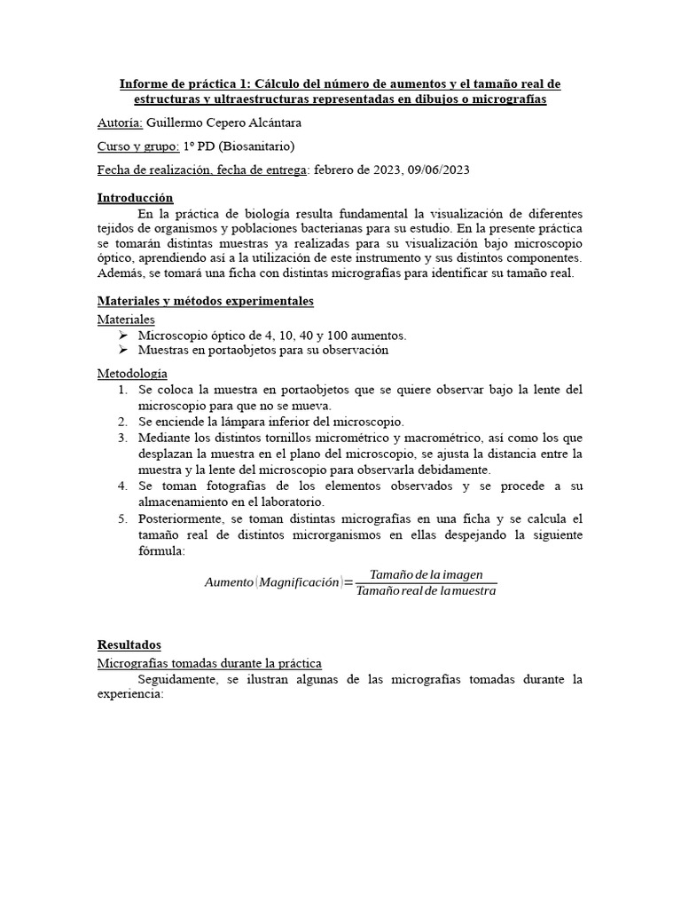 Informe de Práctica 1 (Biología) - Microoscopía. Guillermo Cepero ...