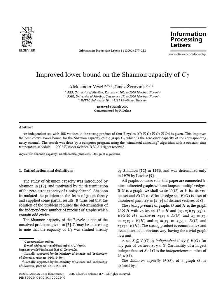 Improved Lower Bound On The Shannon Capacity of C7 | PDF | Vertex ...