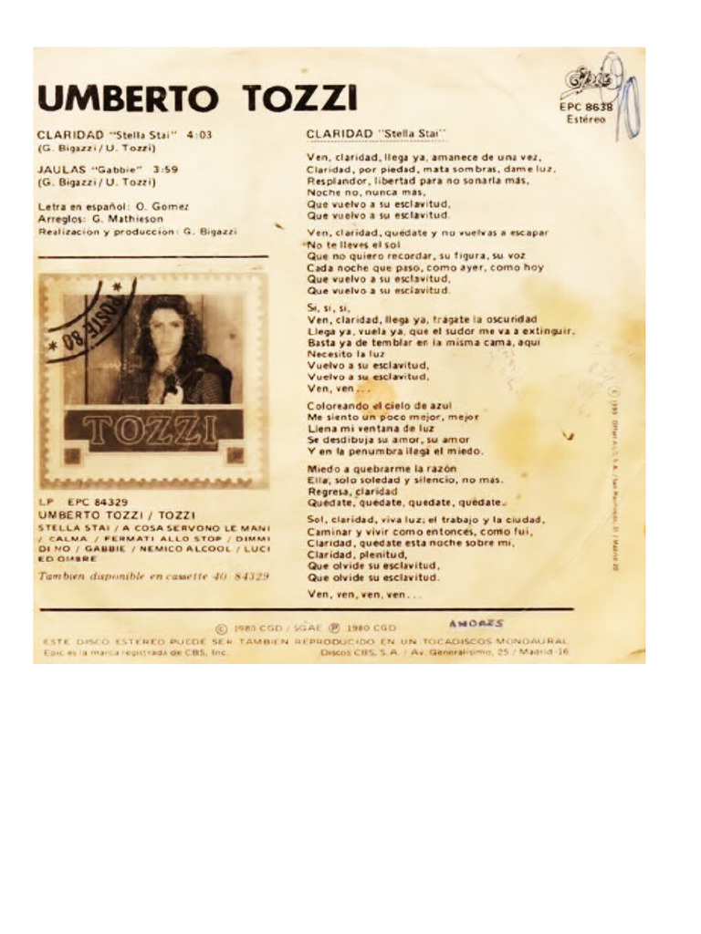 Letra Cancion Claridad Umberto Tozzi | PDF