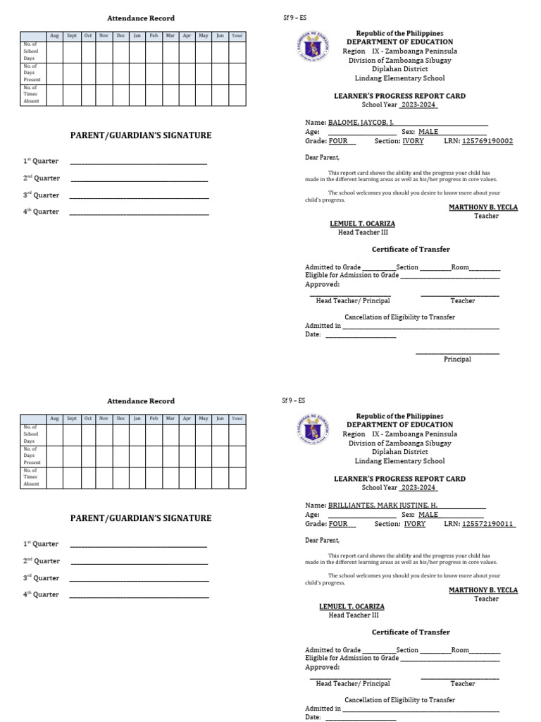 SF 9 ES Learners Progress Report Card | PDF | Educational Assessment ...