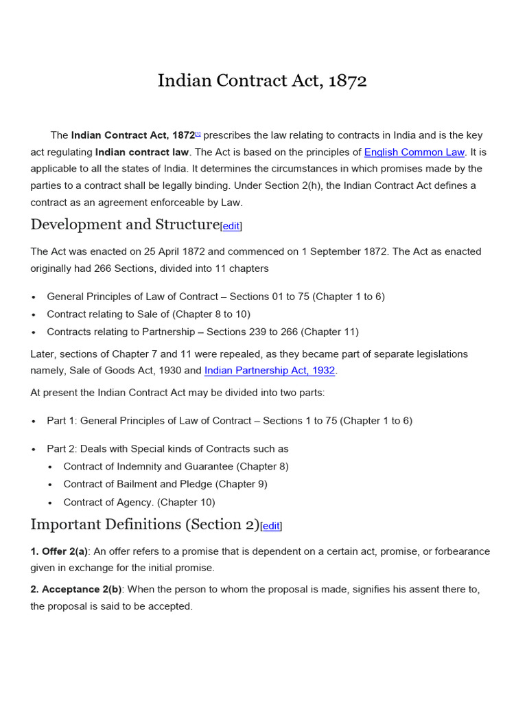 Overview of Indian Contract Act 1872 | PDF | Law Of Agency | Consideration