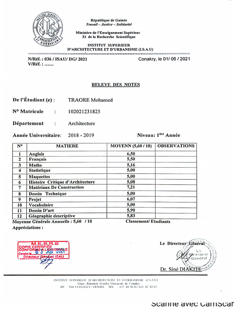 Relevé de Notes 1ere Année | PDF
