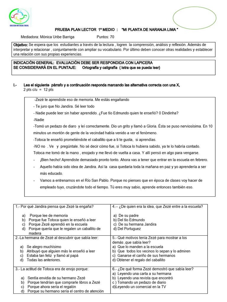 PRUEBA GENERAL 1ºMEDIO MI PLANTA | Descargar gratis PDF | Evaluación | Aprendizaje