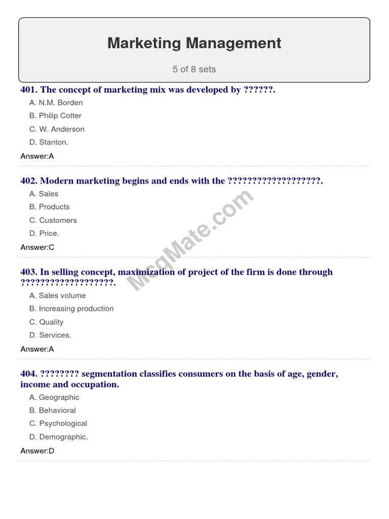 Marketing Management MCQs Overview | PDF | Marketing | Pricing