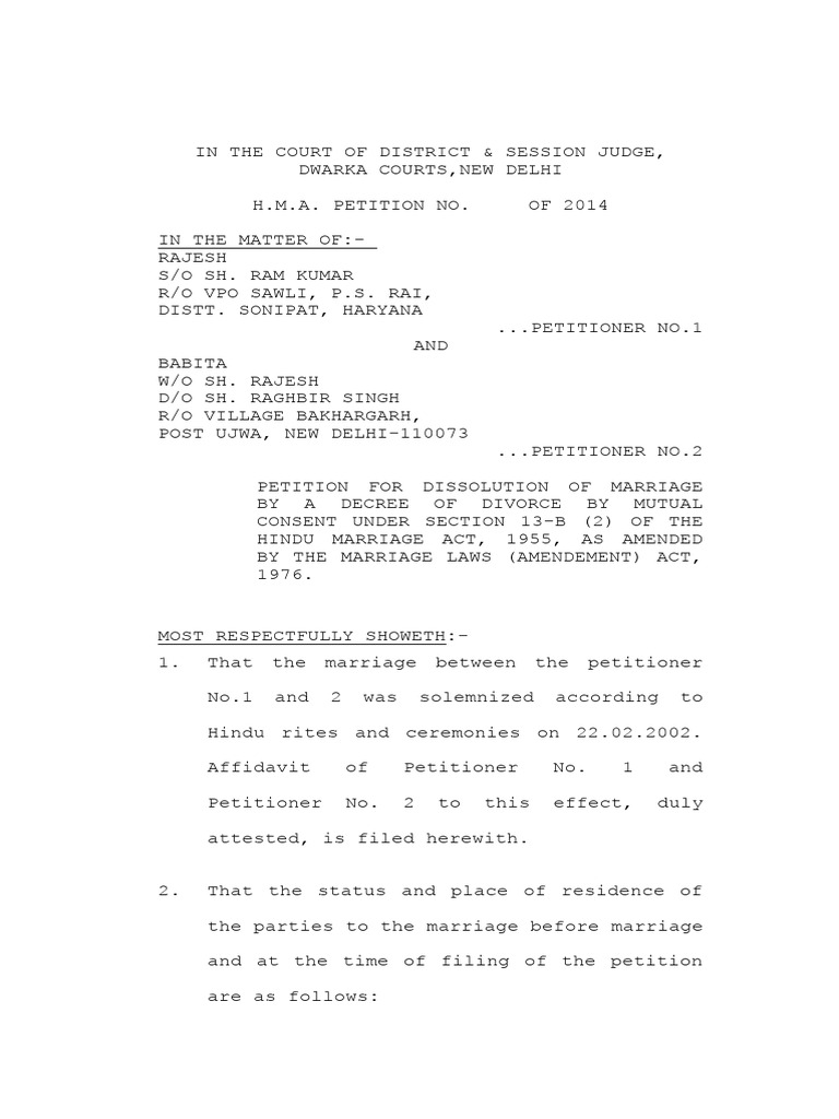 Petition Under Section 13-B (2) HMA | PDF | Affidavit | Marriage