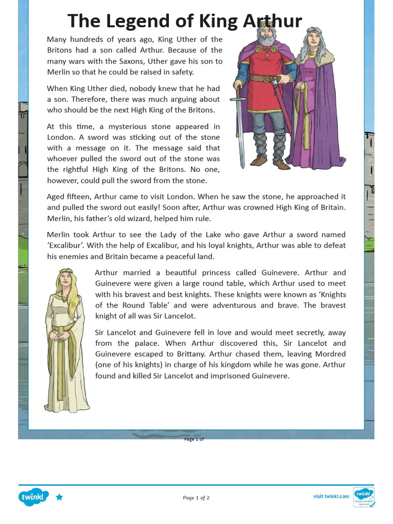 Homework The Legend of King Arthur Reading Comprehension Activity - Ver ...
